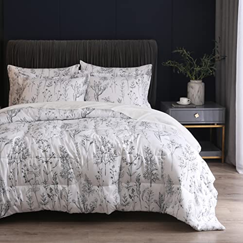 HYPREST Queen Bed in A Bag Comforter Set with Sheets, 7 Pieces White Floral Comforter Set Queen Soft Lightweight Breathable, Rustic Farmhouse Bedding Sets Queen All Season