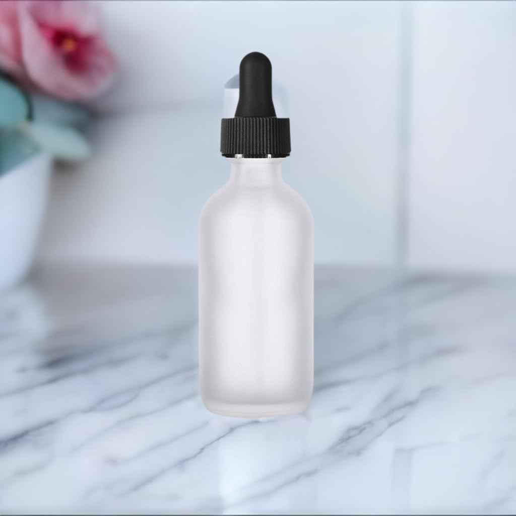 JUVITUS 2 oz / 60 ml Frosted Clear Glass Boston Round Bottle with Graduated Measurement Black Dropper (12 pack) + Funnel