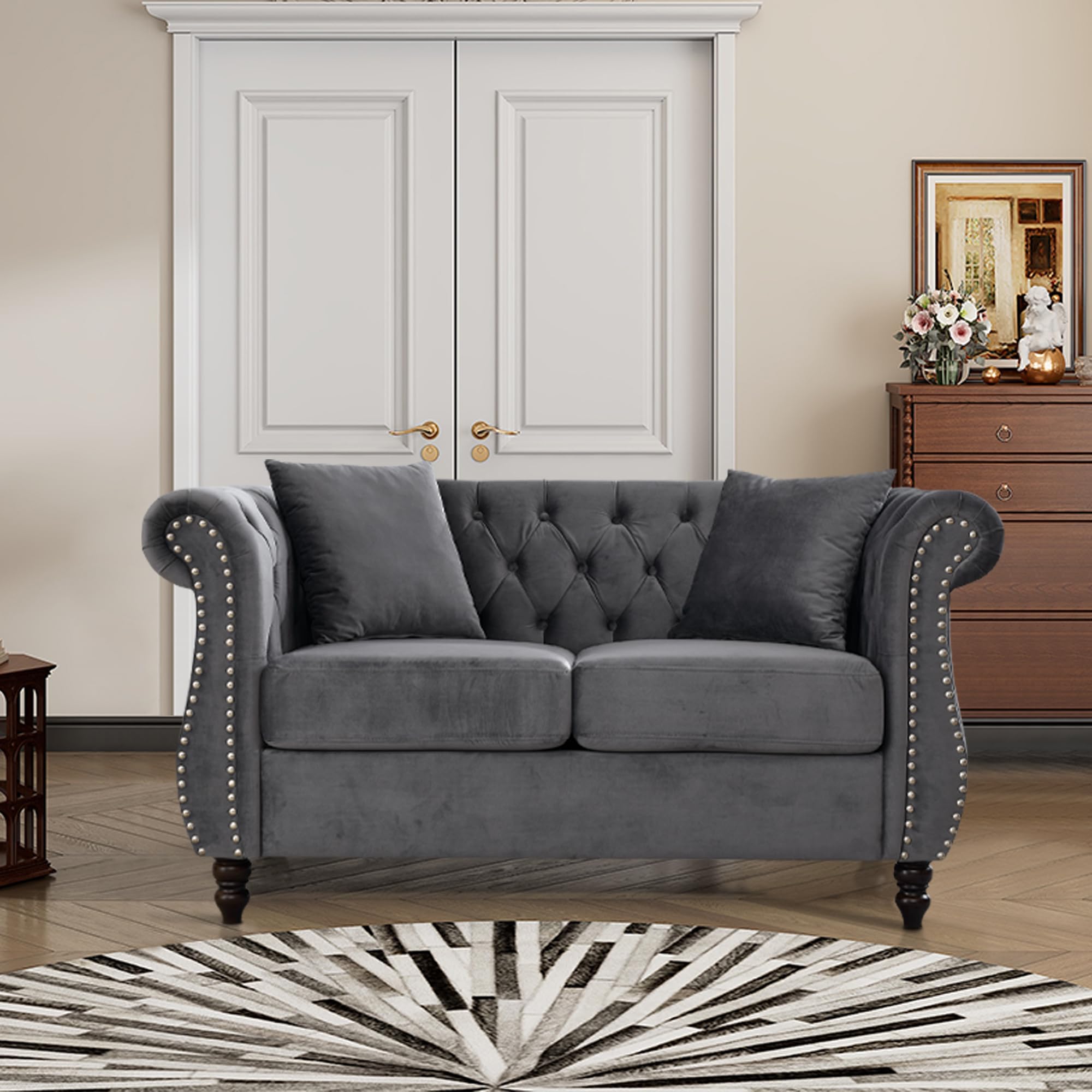 ATUMON 59" Chesterfield Loveseat Velvet Sofa for Living Room,2-Seater Sofa Tufted Couch with Two Pillows,Rolled Arms and Nailhead for Living Room, Bedroom, Office Grey
