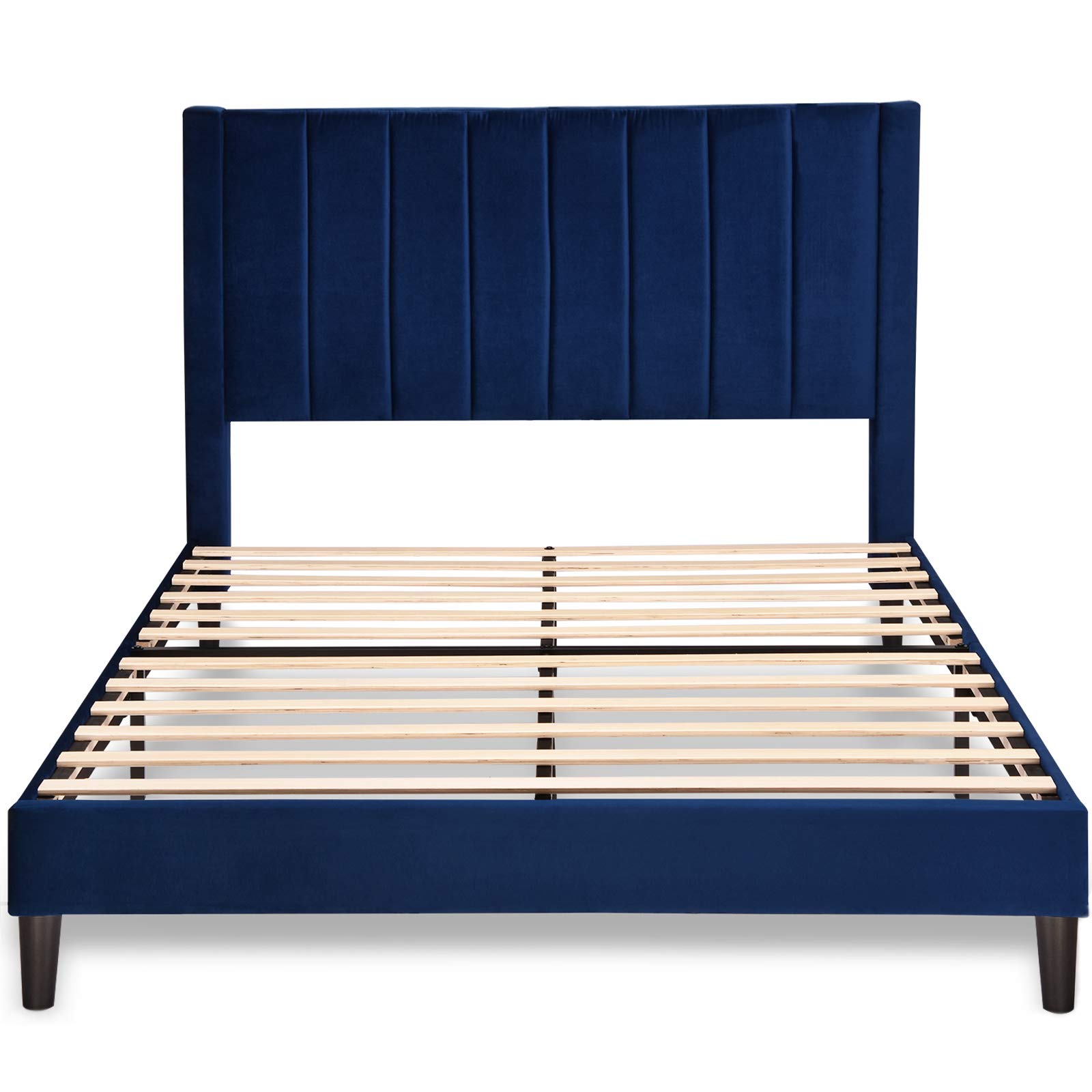 Allewie Queen Platform Bed Frame/Velvet Upholstered Bed Frame with Vertical Channel Tufted Headboard/Strong Wooden Slats/Mattress Foundation/Box Spring Optional/Easy Assembly/Navy Blue