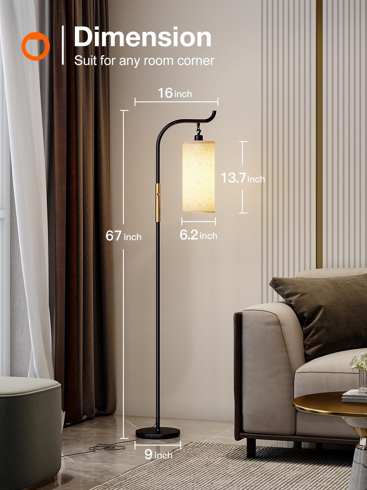 addlon Floor Lamps for Living Room, dimmable Floor lamp with Linen lampshade, arc Floor lamp Modern Standing Lamps, Bright Floor lamp for Bedroom and Office - Black