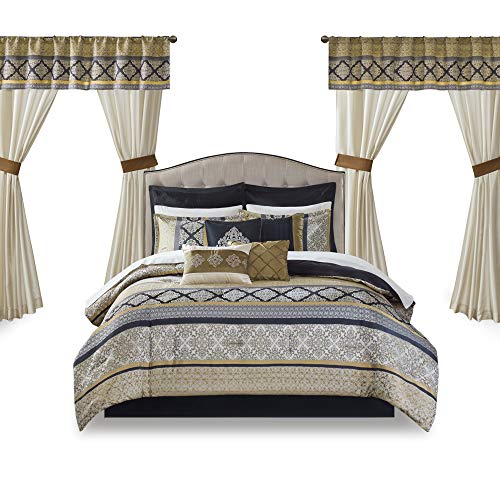 Madison Park Essentials Windsor 24-Piece Room in A Bag Comforter Set-Satin Jacquard All Season Luxury Bedding, Sheets, Decorative Pillows and Curtains, Valance, Queen (90 in x 90 in), Black/Gold