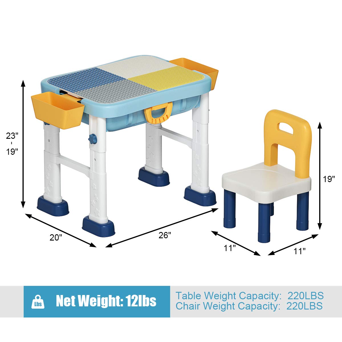 HONEY JOY 6-in-1 Kids Activity Table, Large & Small Size Blocks Compatible w/Classic Blocks, Adjustable Height, Water Table & Sand Table & Dry Erase Easel w/Marker, Kids Play Table with Storage