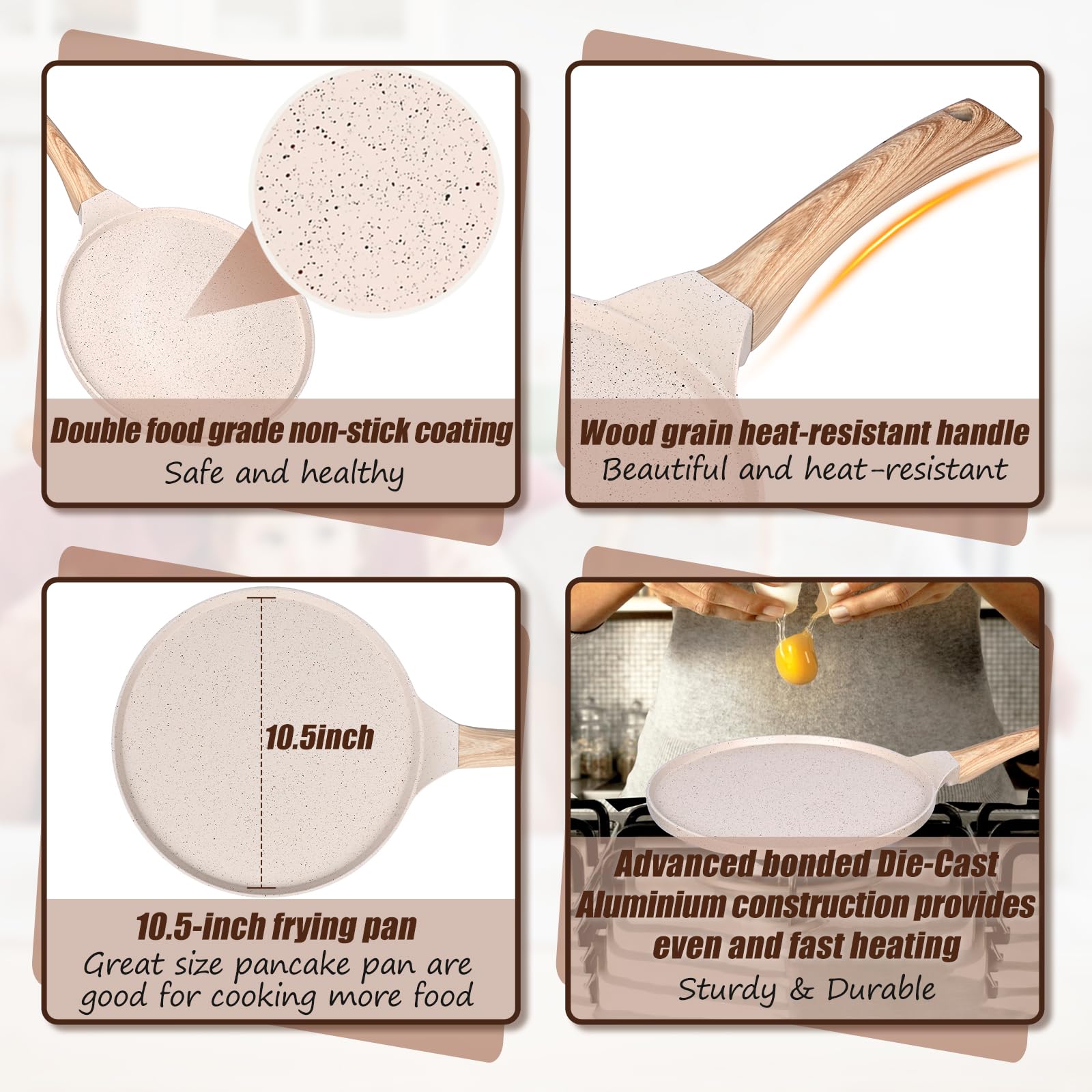 KRETAELY Dosa Pan Nonstick Crepe Pan Pancake Frying Pan with Granite Coating 10.5 inch Pancake Pan PFOA Free Easy to Assemble