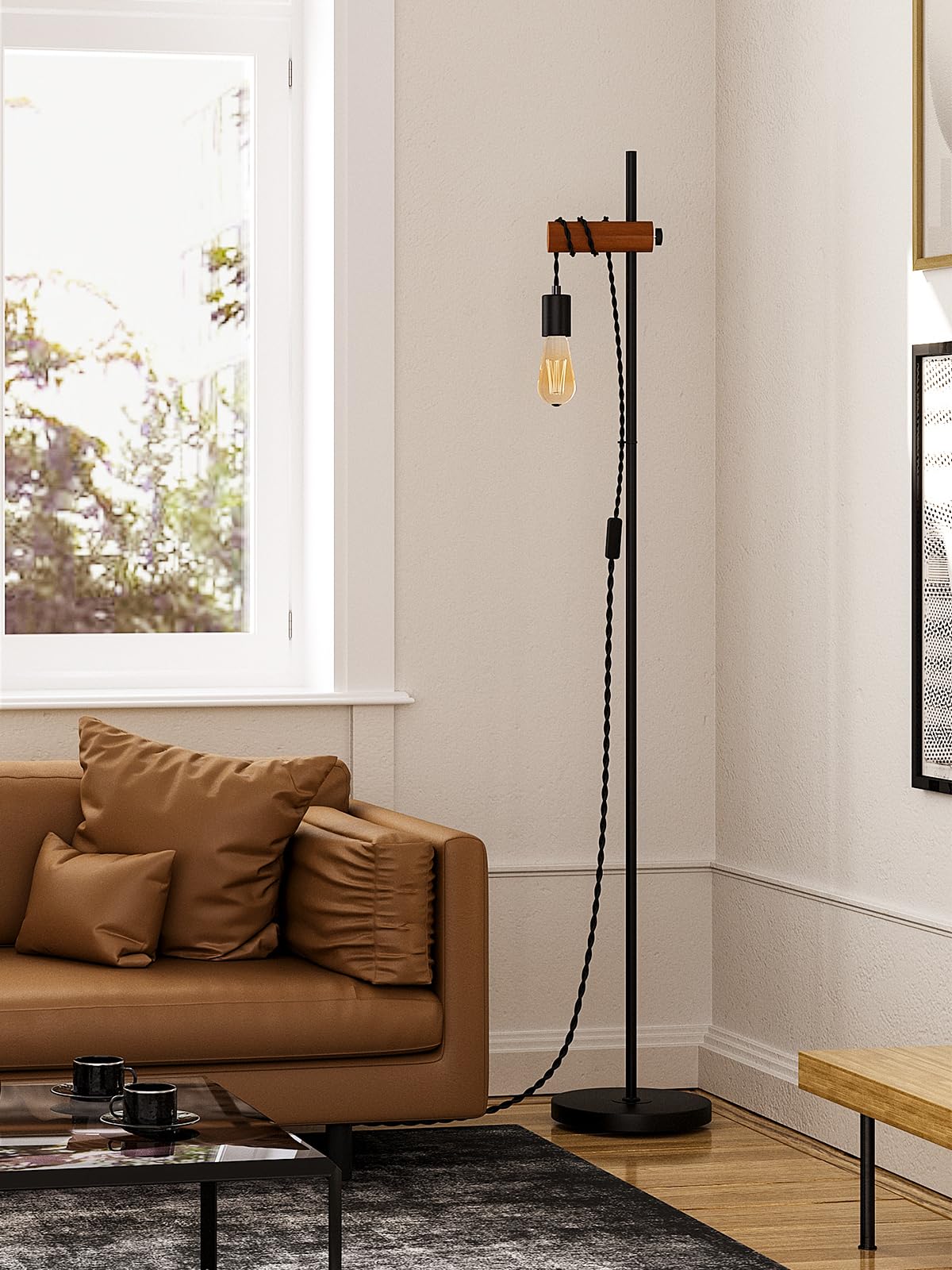 addlon Industrial Vintage Floor Lamp, Ajustable Farmhouse Floor Lamp, Wood Standing Lamp with Sturdy Base Rustic Tall Pole Light, Unique Tree Floor Lamps for Living Room Bedroom Office