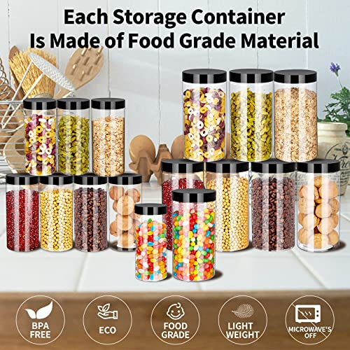 AEGISMILE PLastic jars with lids 32 OZ & 16 OZ 24 pack Clear Storage Jars Containers with Airtight Black Plastic Screw On Lids Cylinder Large Round Jars