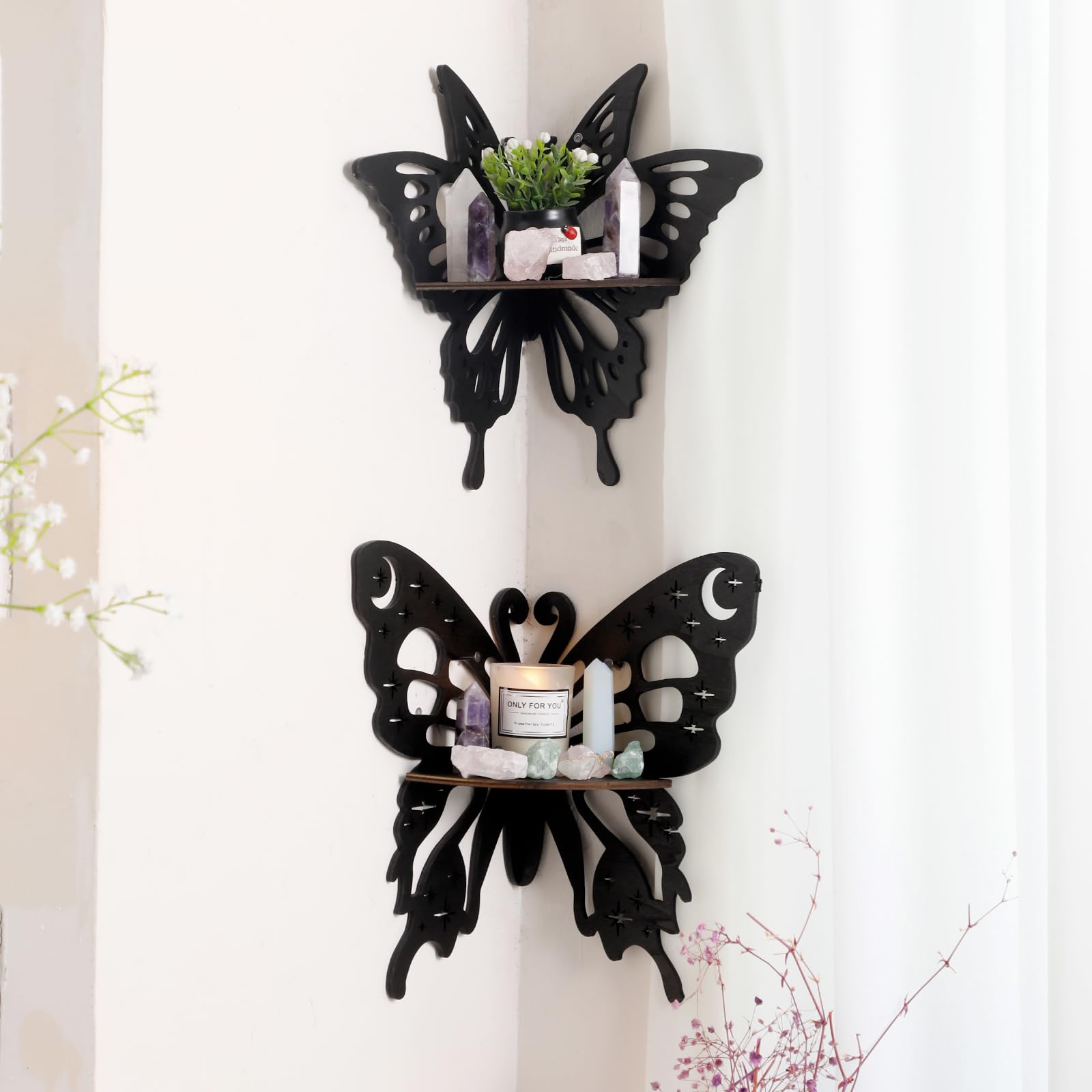 Artilady Butterfly Crystal Shelf - 2 PCS Black Wall Corner Shelf Crystal Display Shelf Floating Shelves for Bedrooms Boho Cute Bathroom Kitchen Office Living Room Decor Aesthetic Witchy Gift