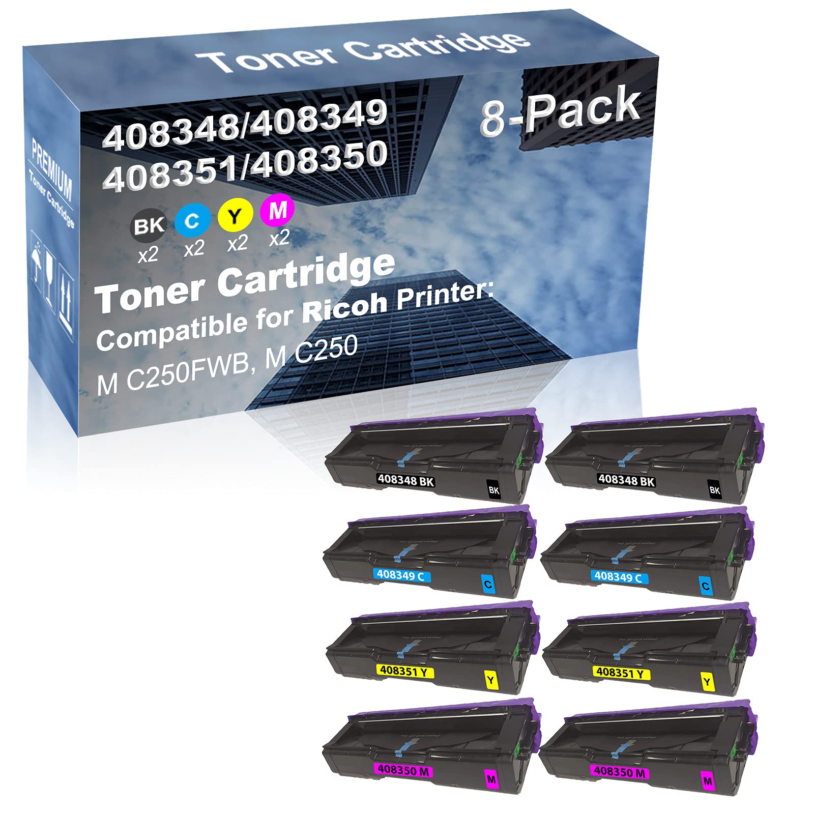 8-Pack (2BK+2C+2Y+2M) Compatible High Capacity 408348+ 408349+ 408351+ 408350 Toner Cartridge Used for Ricoh M C250FWB, M C250 Printer