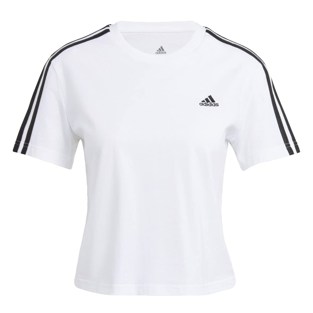 adidas Women's Essentials Loose 3-Stripes Cropped Tee, Pulse Lime/White, Large