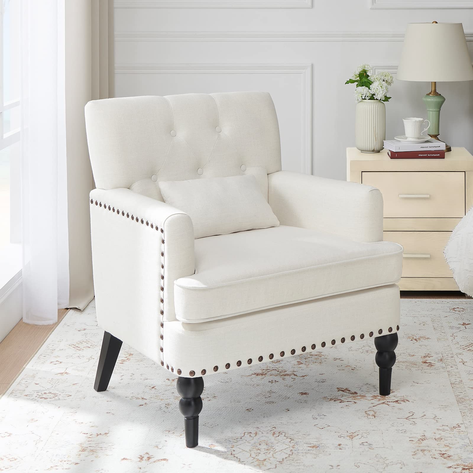 Accent Chair, Arm Chair,Living Room Upholstered Chair, Tufted Upholstered Sofa Club Chair for Bedroom, Comfy Reading Chair for Reception Room (White)