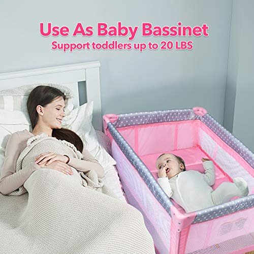 HONEY JOY Pack and Play with Bassinet, 3 in 1 Portable Baby Playard with Infant Full-Size Bassinet & Changing Table, Diaper Stacker, Foldable Play Yard Nursery Center w/Toy Bar, Oxford Bag (Pink)