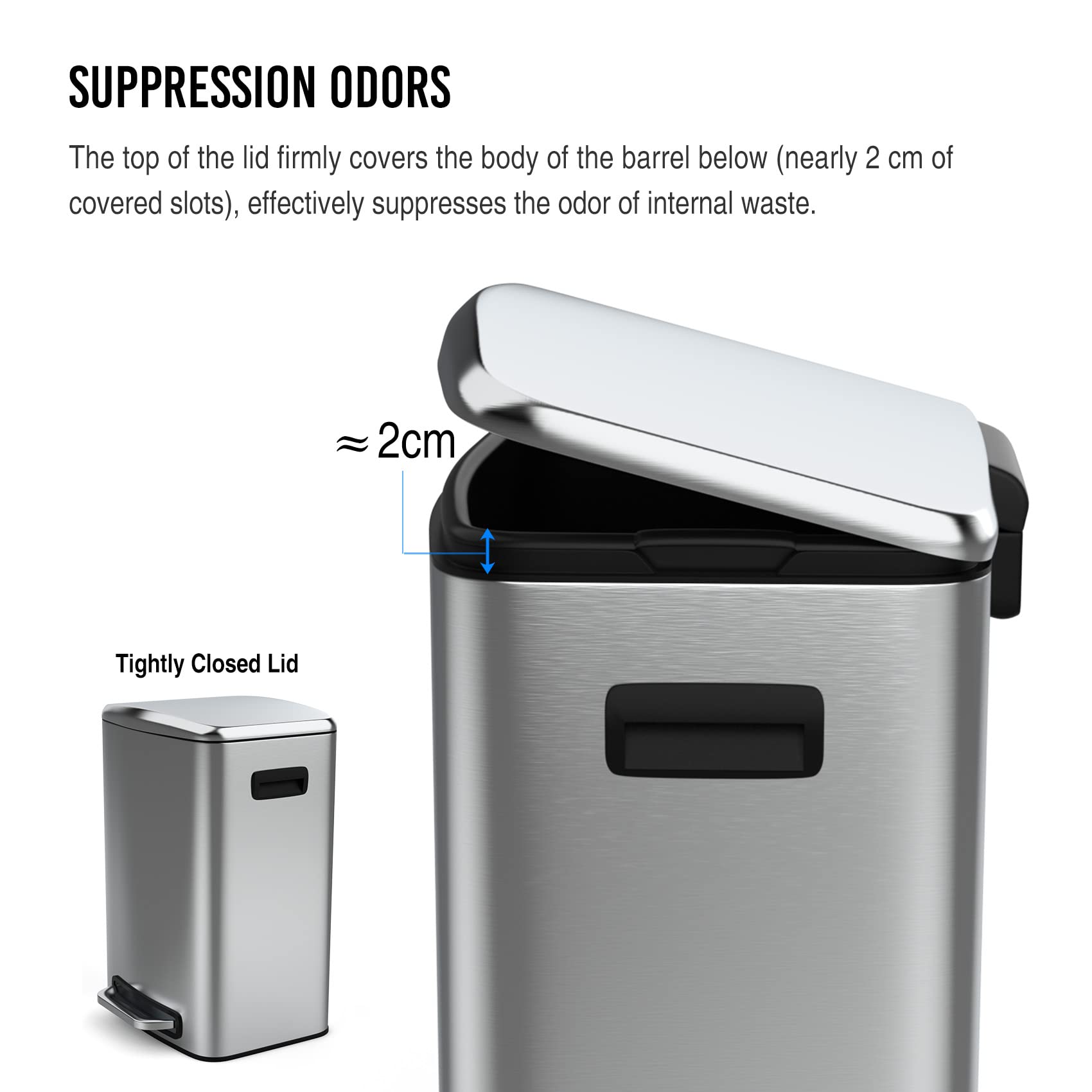 Ufurpie Rectangular 13 Gallon Trash Can with Foot Pedal, Kitchen Stainless Steel Thickened Trash Can with Soft Close Lid, 50L Large Garbage Can Perfect for Bedroom, Living Room, Bathroom, Office