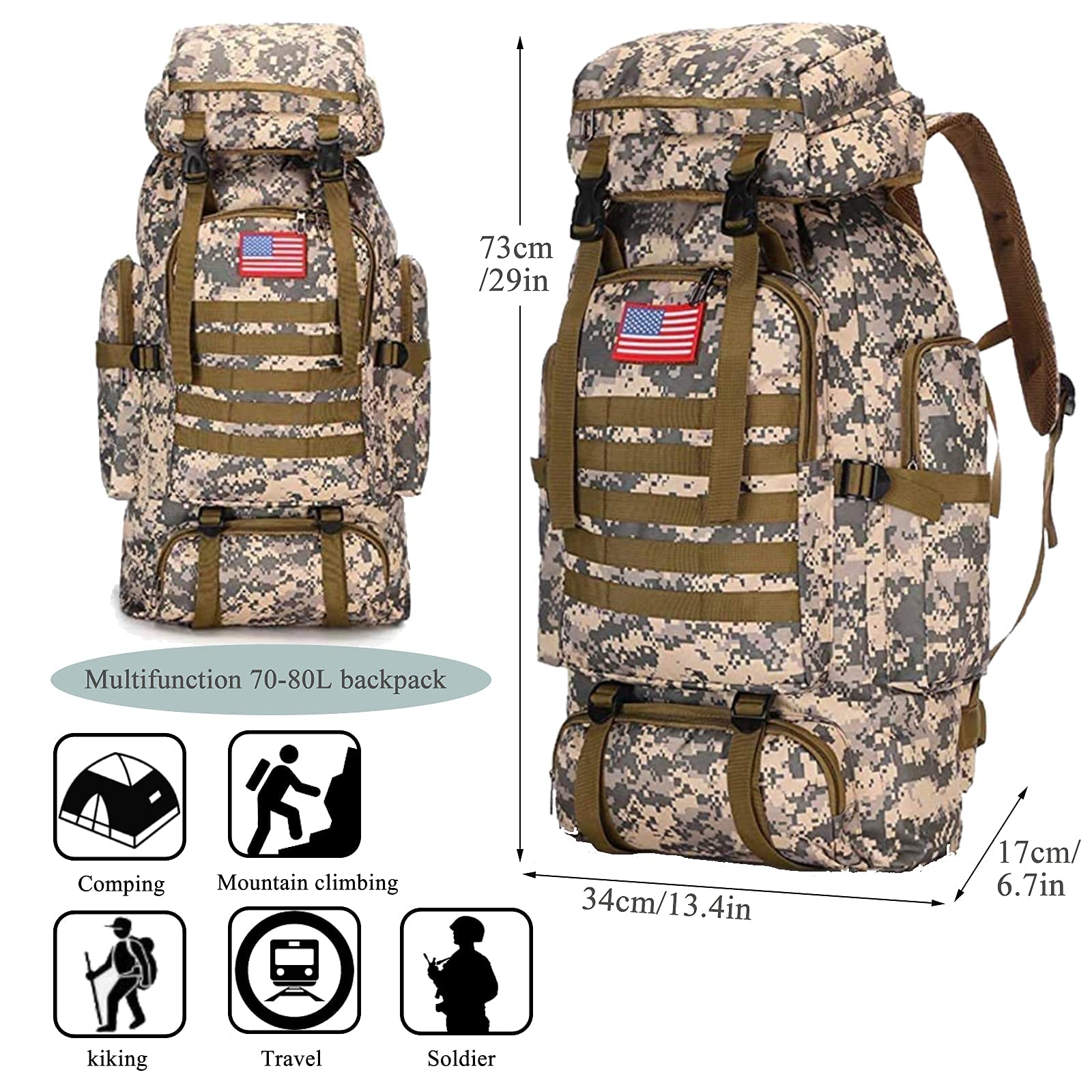 70L Waterproof Hiking Daypack Large Hiking Backpack, Hunting Camping Rucksack Backpack for Men Outdoor Sports Backpack (Plateau camouflage-5)