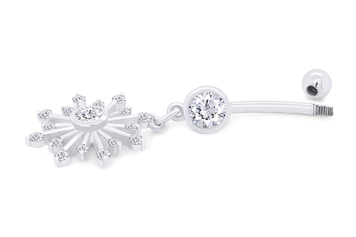 AFFY Round Shape Sparkling White Cubic Zirconia Snowflake Belly Button Navel Ring in 14K White Gold Over Sterling Silver