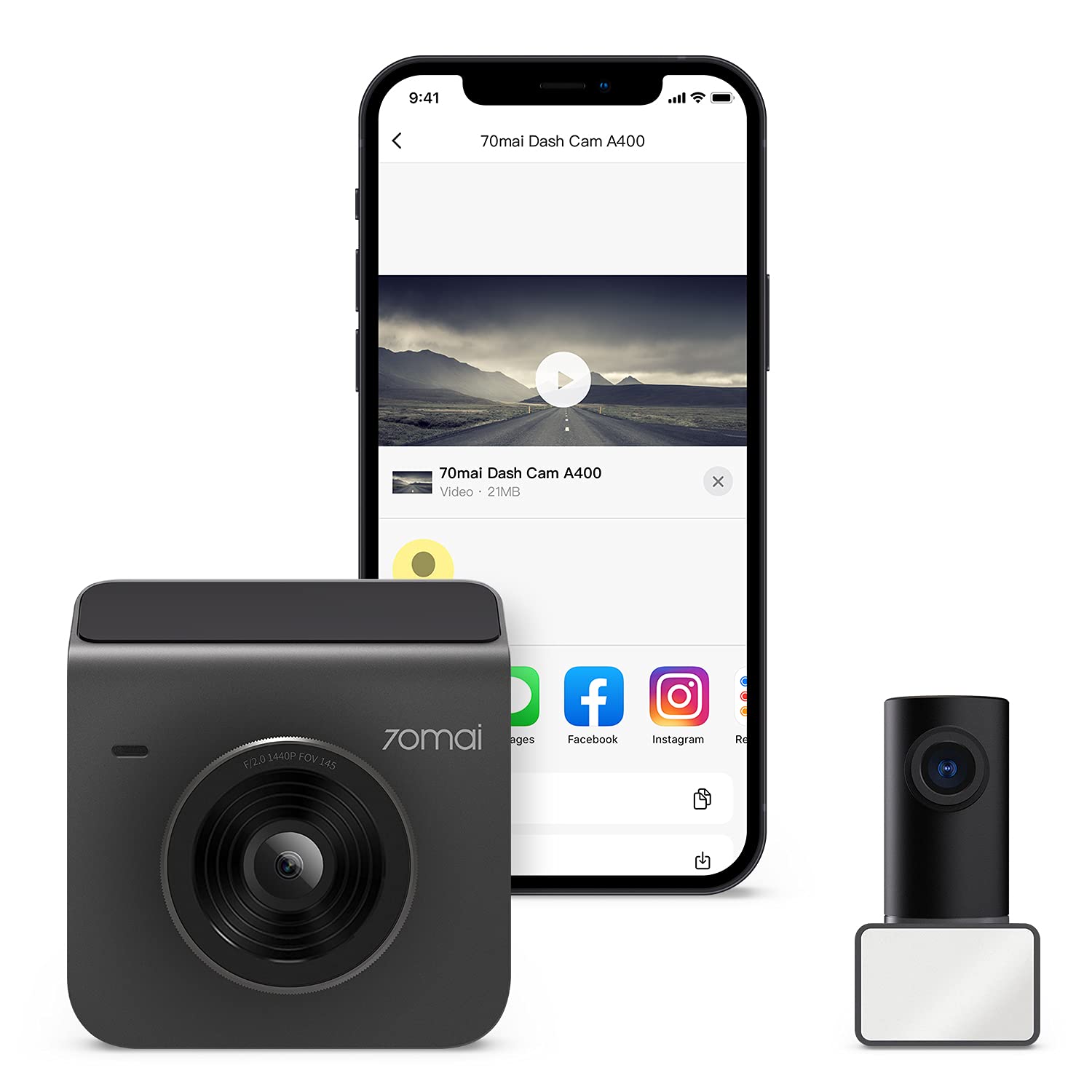 70mai Dash Cam A400, Gray, Front and Rear 2K QHD, 2" LCD, Built in WiFi, Parking Monitor, 145° Wide-Angle FOV, WDR Night Vision, iOS/Android Mobile App