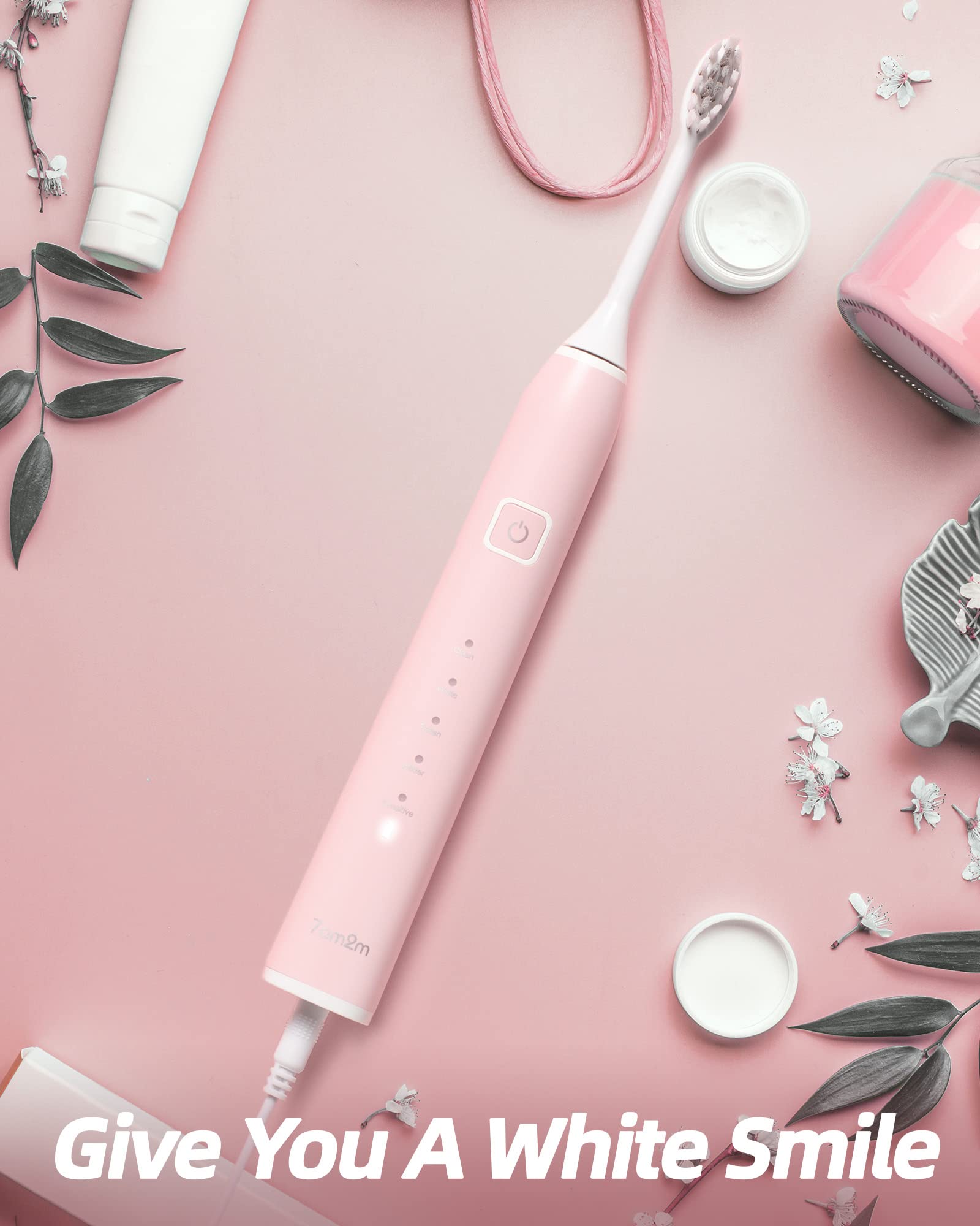 7AM2M Sonic Electric Toothbrush for Adults - USB Cable Charging, 90 Days of Use, 5 Adjustable Modes, Waterproof, Pink