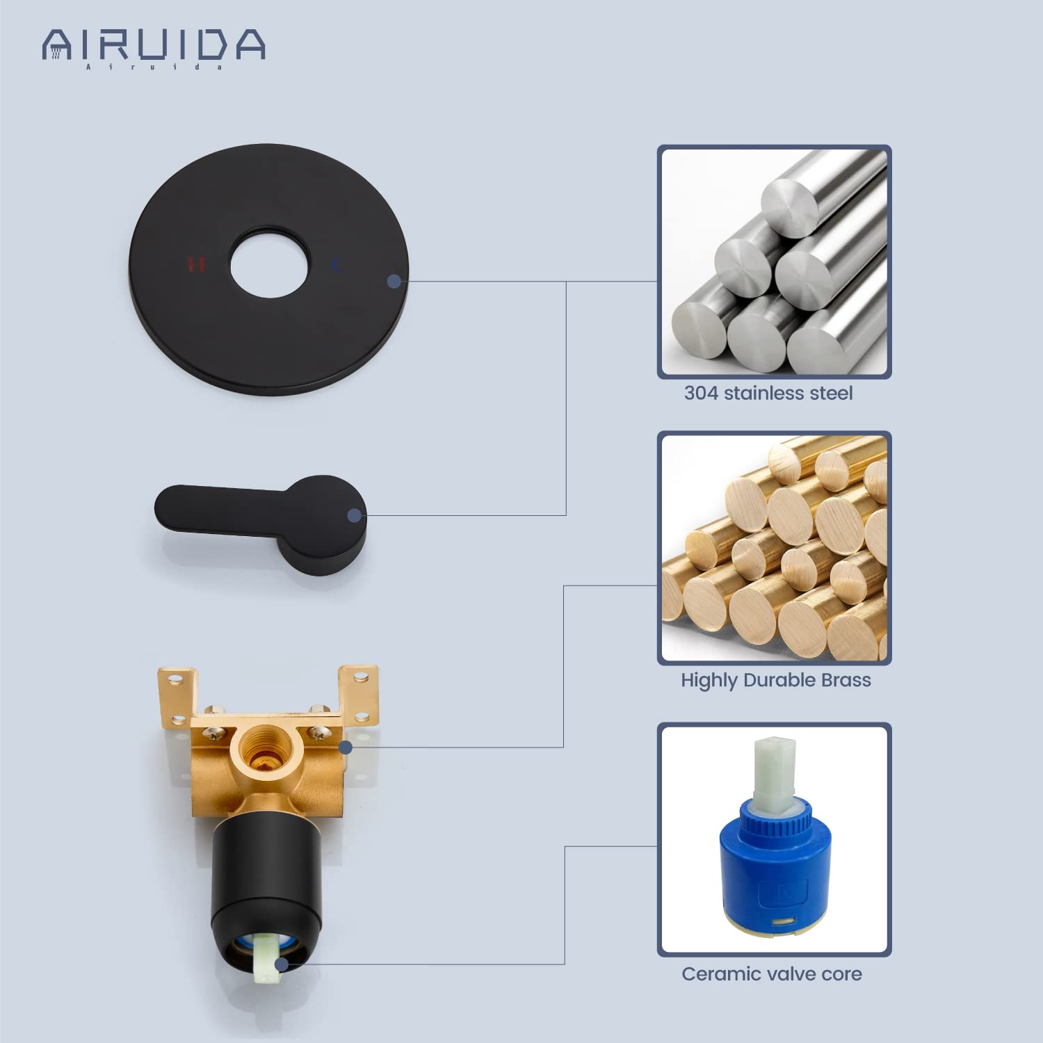 Airuida Matte Black Shower Valve Round Single-Function Shower Handle Valve Trim Kit Shower Valves Wall Mount Shower Rough-In Valve Bathroom Trim Kit Single Handle Shower Valve Mixer Female Thread