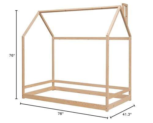 AOCOROE Twin Size House Bed Frame Floor Montessori House Bed Canopy Bed for Boys and Girls. House Shaped Wood Twin Bed Frame Without Slats, Natural