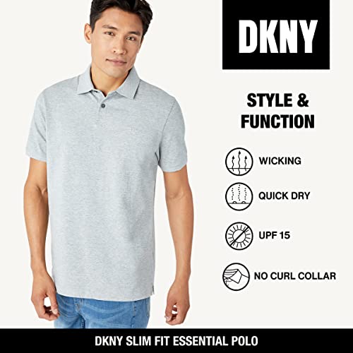DKNY Men’s Polo Shirt – Cotton Mens Short Sleeve Polo Shirts | No Curl Collar Quick Dry Regular Fit Moisture-Wicking Golf Shirt for Men (Sizes: S-2XL) Heather Grey