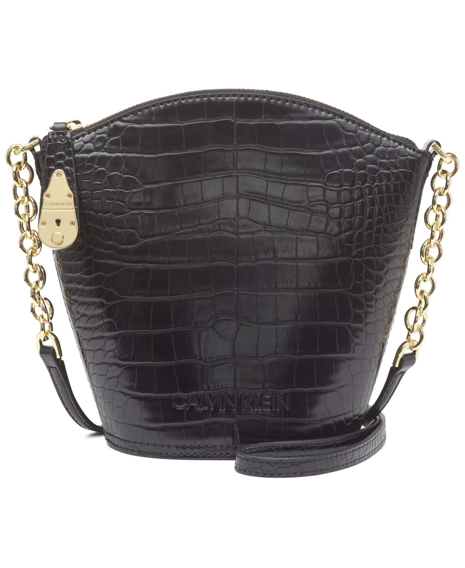 Calvin Klein Statement Series Lock Daytonna Leather North/South Top Zip Crossbody, Black/Gold