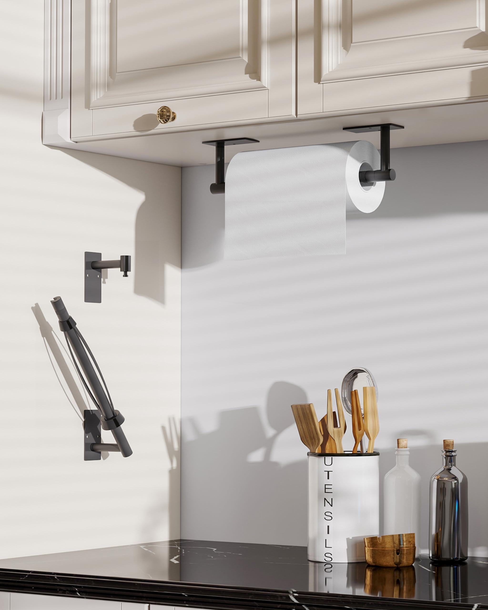 BATHDANCE Paper Towel Holder -Under Cabinet Paper Towel Holder, Single Hand Operable Roll Holder with Damping Effect,No Drilling or Wall Mounted Stainless Steel for Kitchen Bathroom (Matte Black)