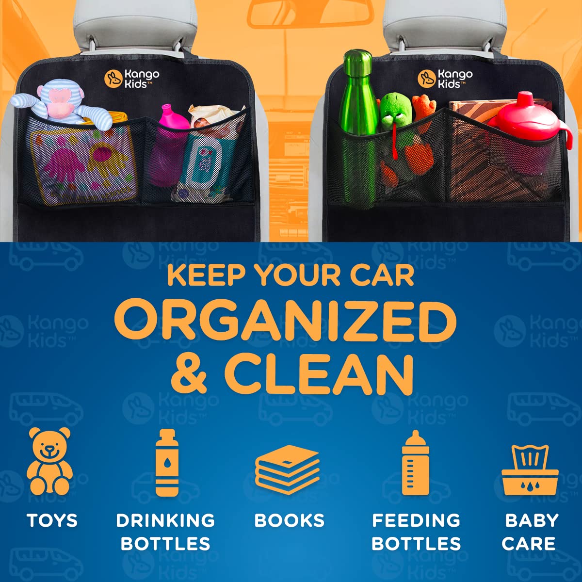 KangoKids Car Seat Protector (2Pk)– XLarge, Heavy Duty Kick Mats – Waterproof & Sag Proof Back Seat Protector to Protect Upholstery from Dirt – Car Seat Back Protector with Reinforced Storage Pockets