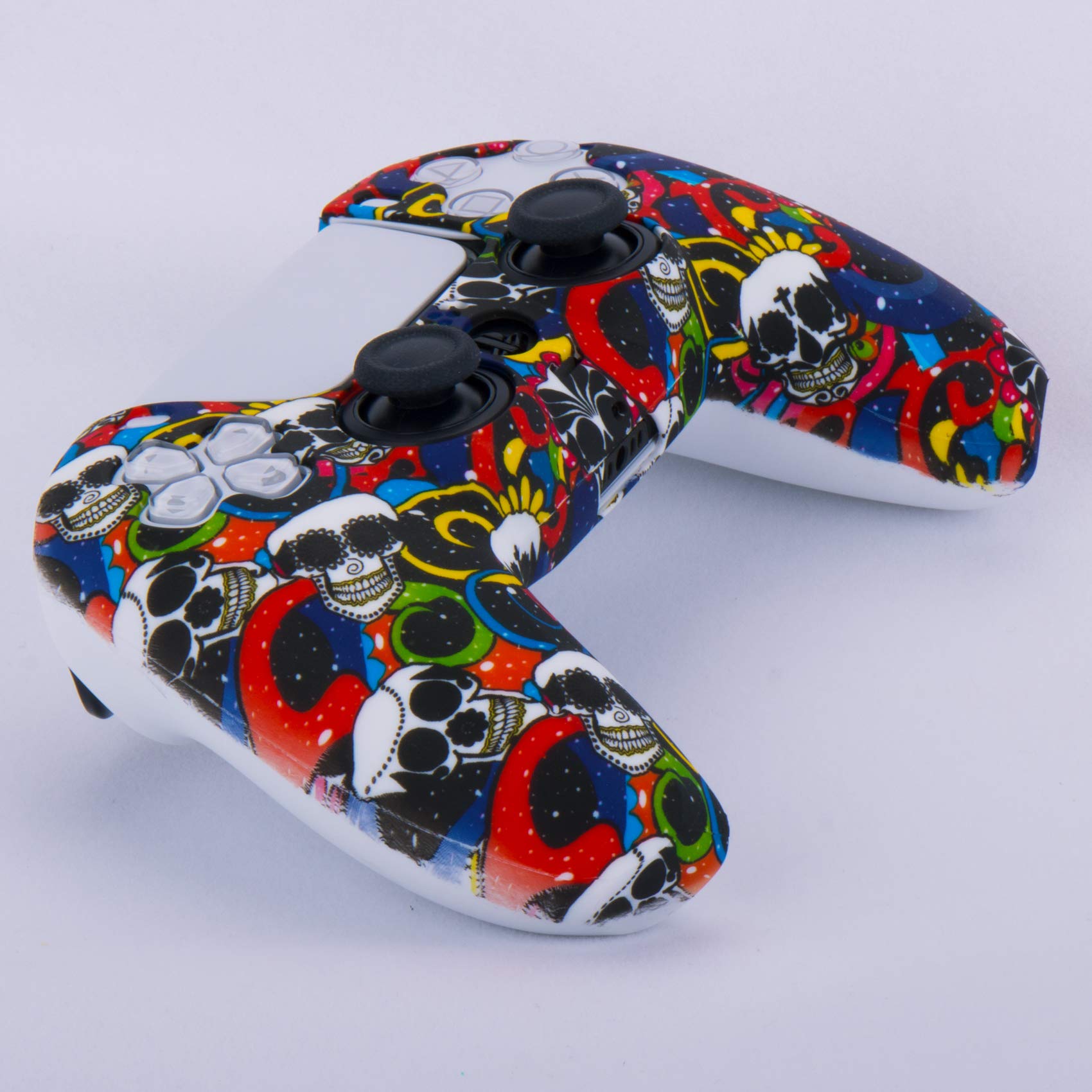 9CDeer 1 Piece of Silicone Transfer Print Protective Thick Cover Skin + 6 Thumb Grips for Playstation 5 / PS5 Controller Beaty Skulls