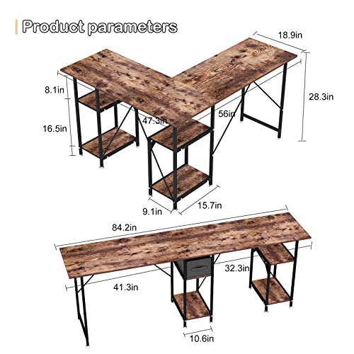 DLIUZ L Shaped Desk with Drawers,Computer Desk is Reversible Corner Large Gaming pc Table with USB Charging Port and Power Outlet,Long Writing Study Table with Shelve Suitable for 2 People Working
