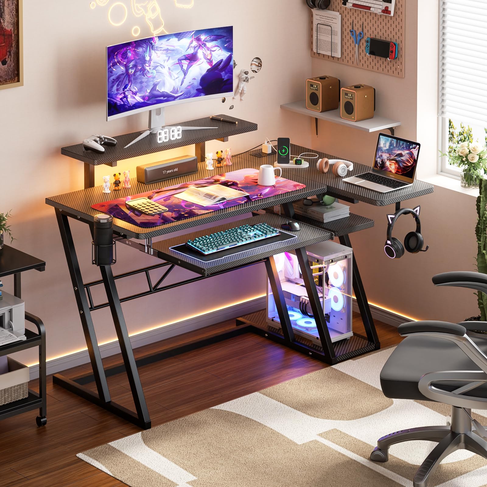 armocity Pink Gaming Desk with Power Outlets and LED Lights, Reversible L Shaped Gaming Desk with Shelves, 47"