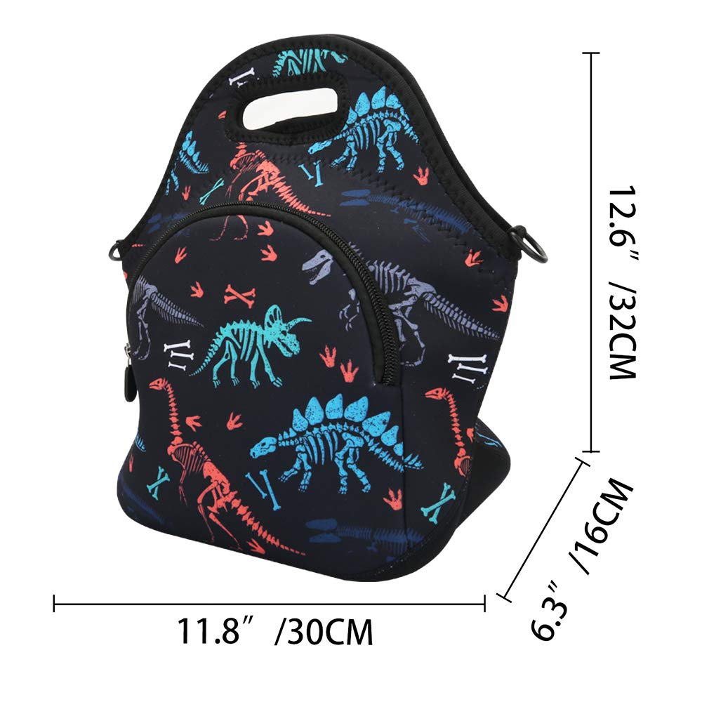 Violet Mist Neoprene Thermal Insulated Lunch Bag Tote Large with Extra Pocket Detachable Adjustable Shoulder Lunchbox Handbags Women men, Dinosaur-1