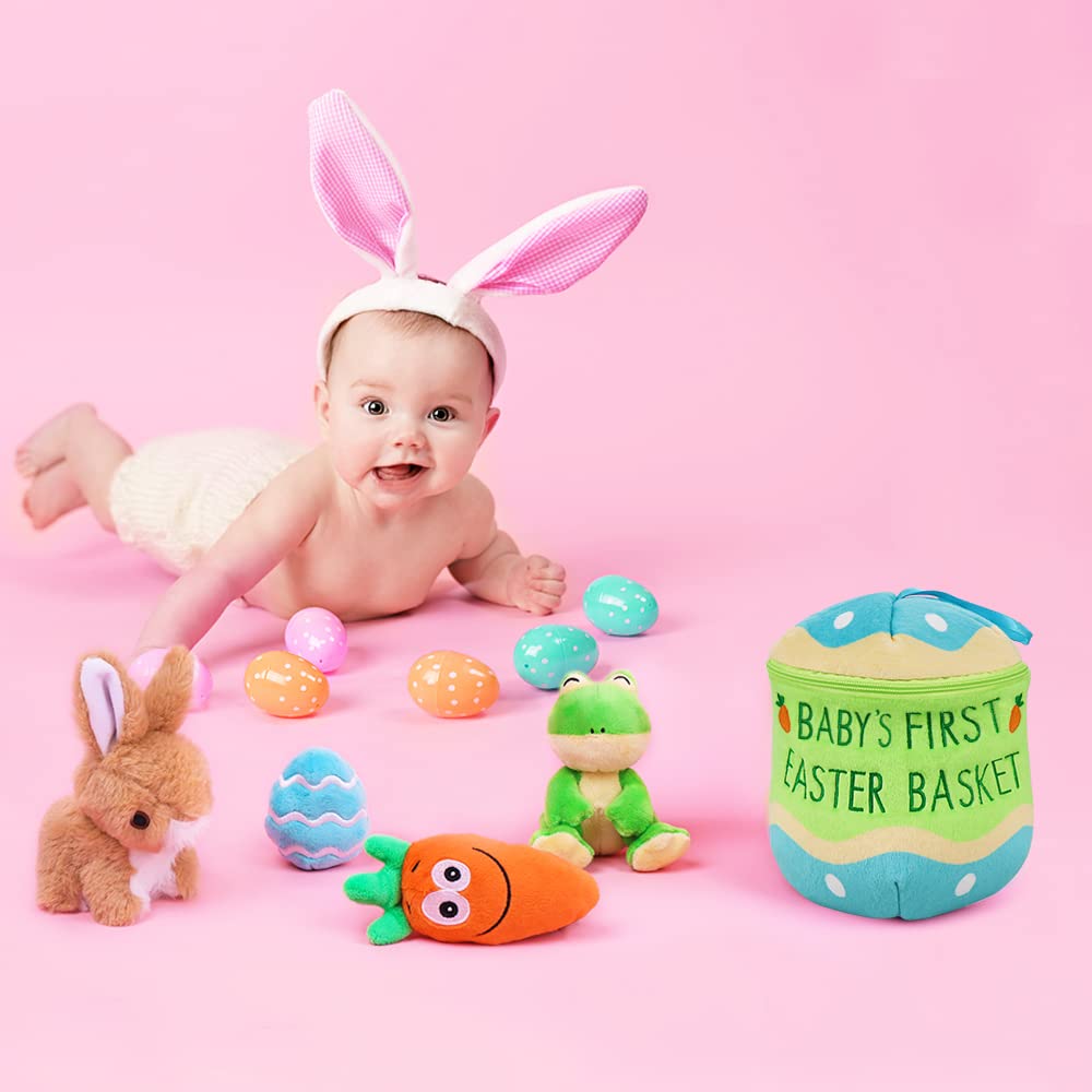 Bunny Chorus Baby's First Easter Basket Playset 6ct, Egg-shaped Basket with Embroidered 'Baby's First Easter', Stuffed Plush Bunny Chick Carrot Frog Egg for Kids Baby Girls Boys, Easter Stuffers Gifts