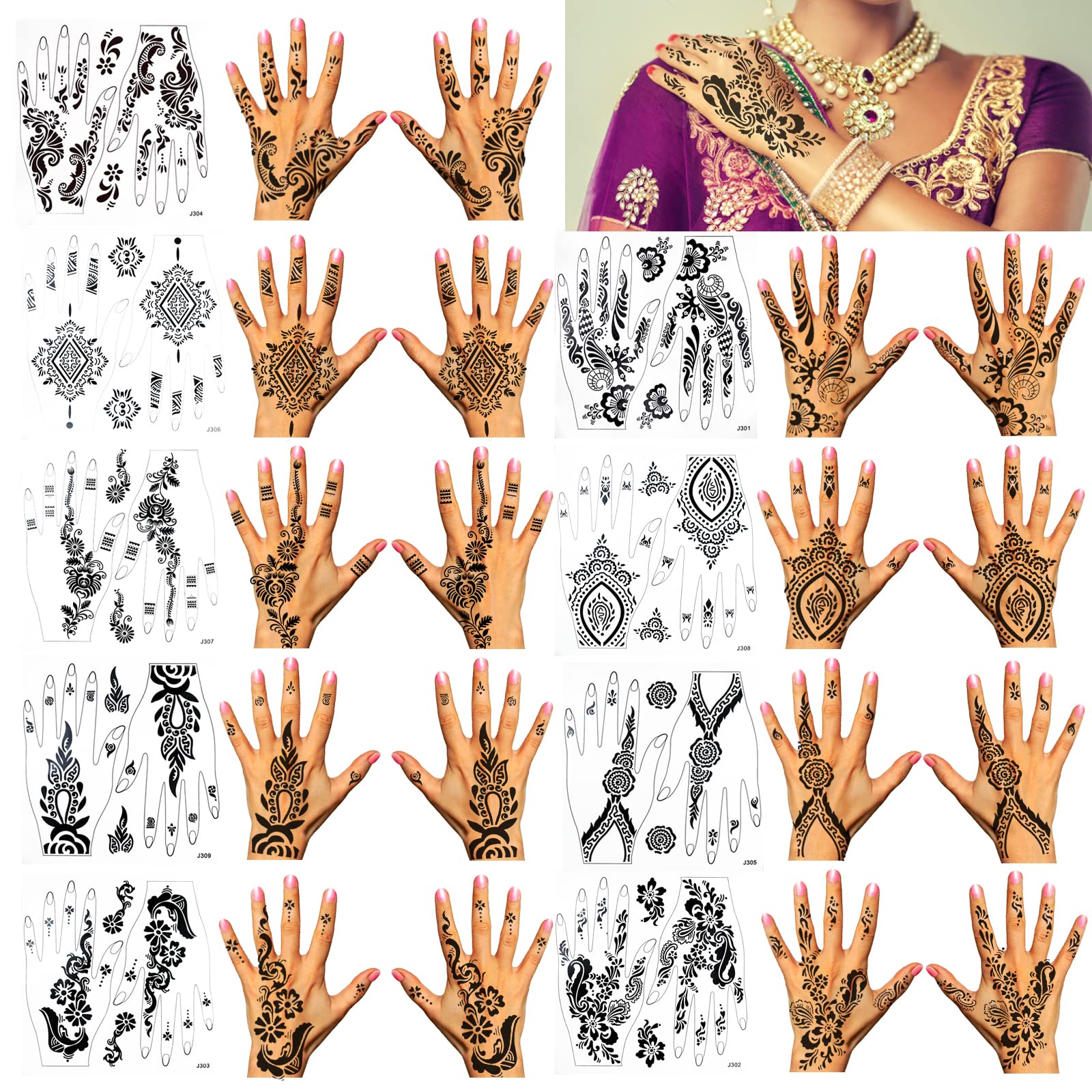 9 Sheets Henna tattoo stickers Kit , Indian Waterproof temporary hand tattoo stickers, Lasting for Beach, Festivals, & Parties