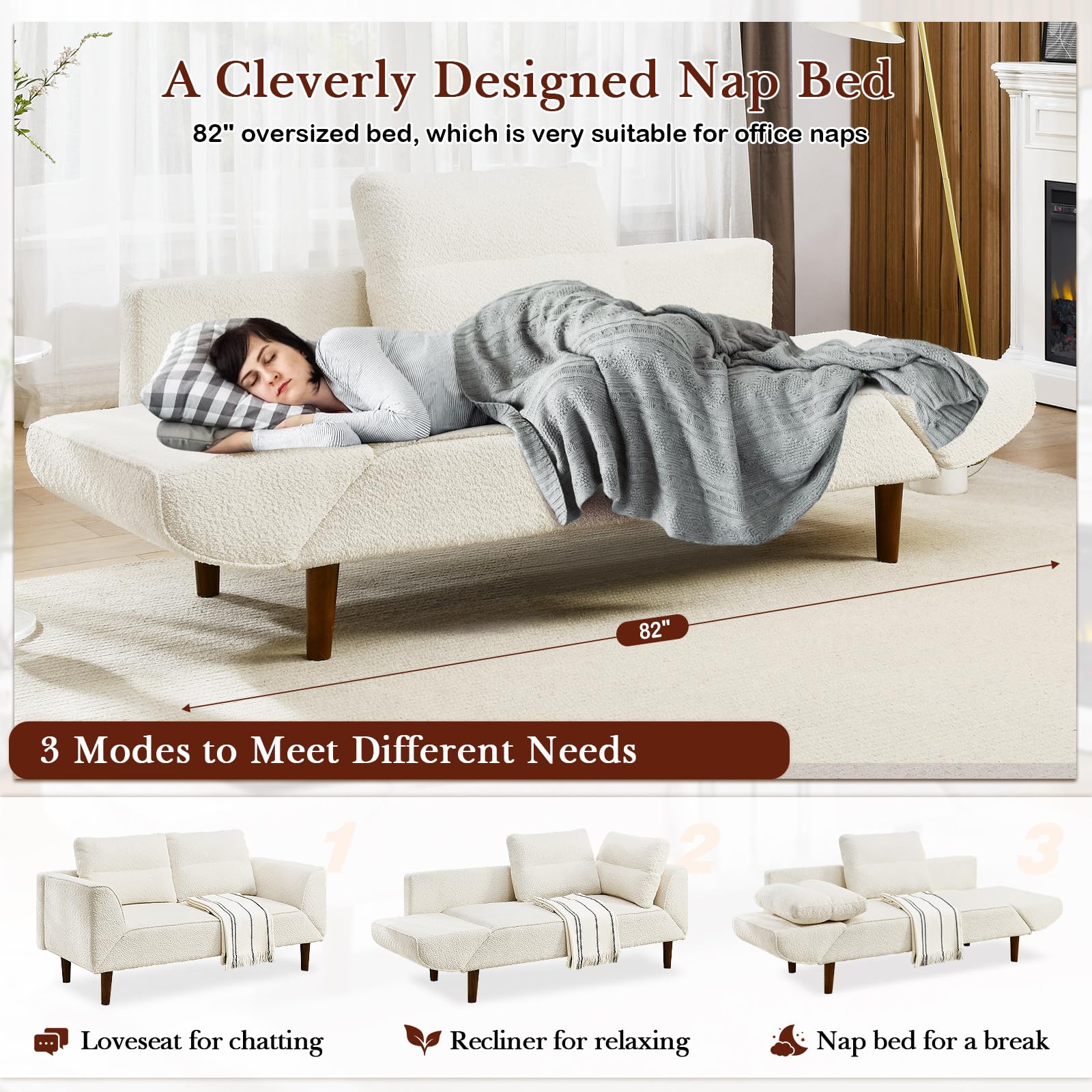 Antetek Loveseat Sofa with Adjustable Armrests, 64β Modern Futon Sleeper Sofa Bed w/Wooden Leg, Textured Boucle Comfy Love Seat Couches for Small Space, Livingroom, Apartment, Beige