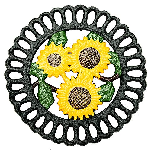 Sungmor Heavy Duty Cast Iron Trivet,Decorative Painting Trivet for Kitchen or Dinning Table,7.5x7.5 Inch - Round with Vintage Lovely Sunflower Pattern
