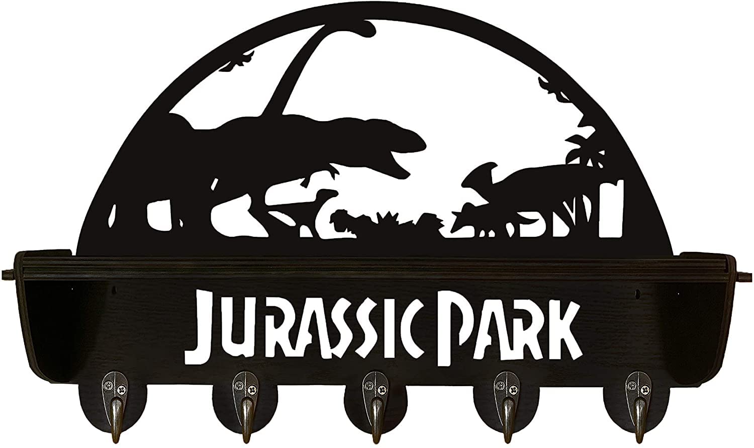 Dinosaur Theme Park World ,Hat Rack Key Hook Coat Hook Towel Holder, with 5 Metal Hooks, Clothes Hook, Kitchen Shelf, Wooden Storage Shelf,Black,16 Inch, 11 Lbs