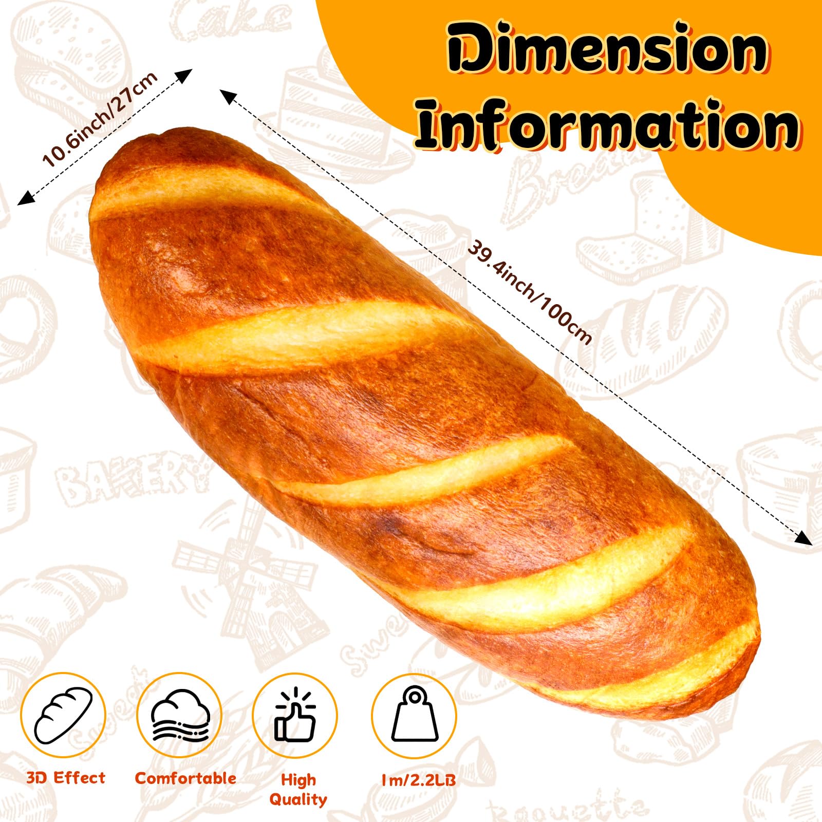AUECOOME 40" Bread Pillow Giant Bread Plush Pillow 3D Simulation Baguette Pillow Funny Body Pillow Food Plush Christmas Stuffed Toys for Girls Boys