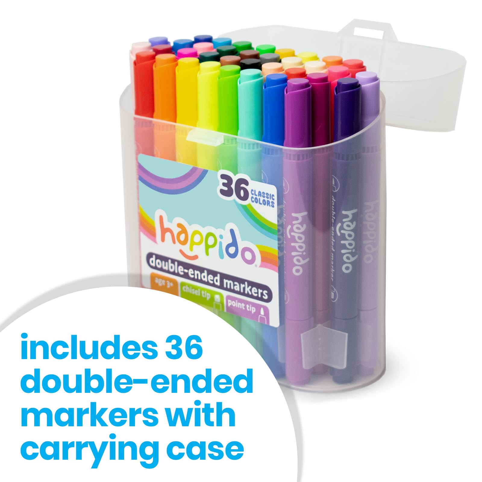 Double Sided Marker Sets for Kids Happido, Set of 36 Water Based Non Toxic Markers with Case, Great School Supplies, Art Supplies and Stationery Set