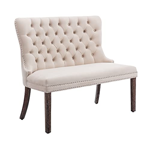 civama Velvet Dining Bench with Back, Tufted Upholstered Loveseat Settee, Nikki Collection Modern Banquette Couch, Comfy Accent Sofa Couch with Solid Wood Legs, Beige