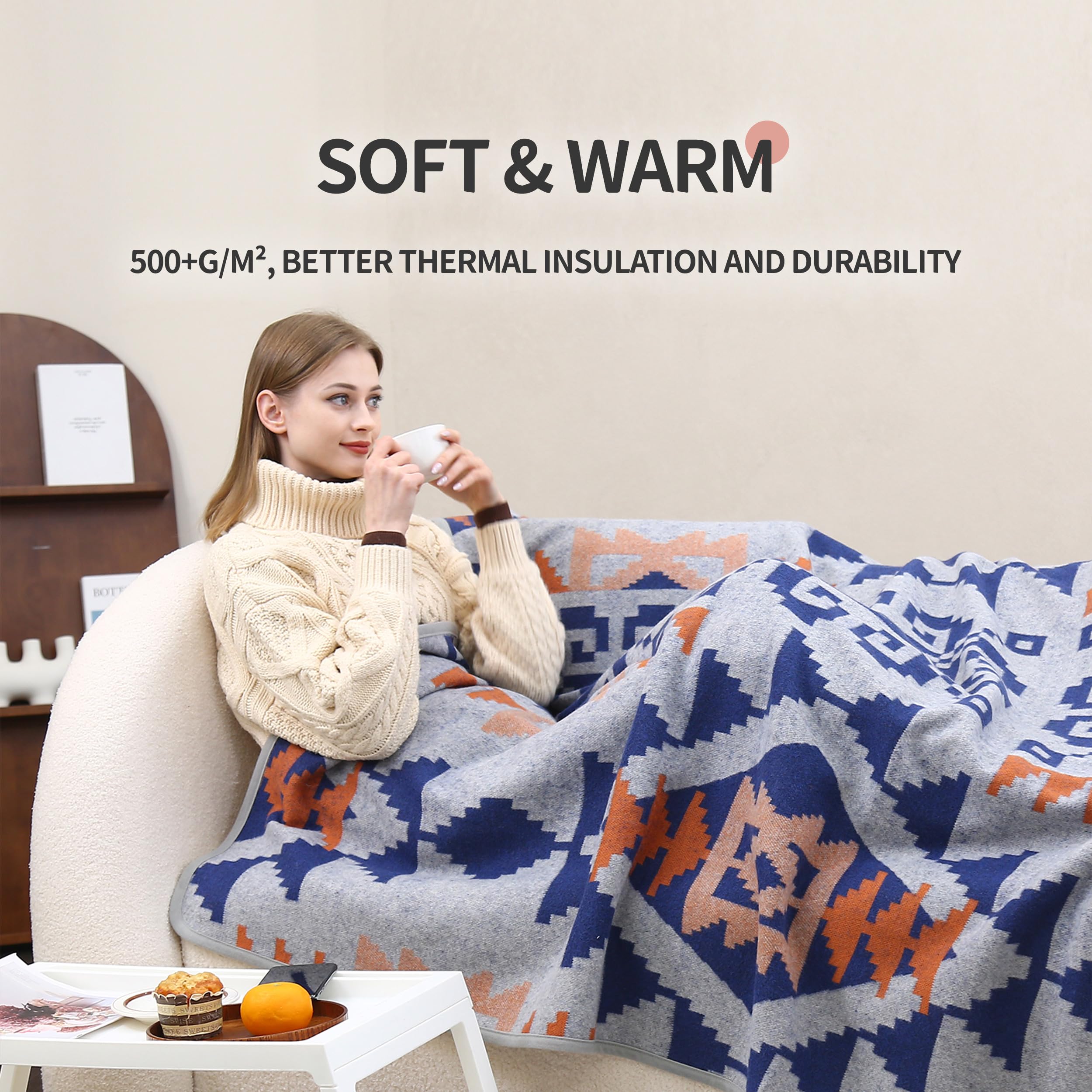 ACUSHLA Merino Wool Camp Blanket - Warm Thick Washable Large Outdoor Camping Sleeping Throw Blanket All Weather, Aztec Grey 79X63