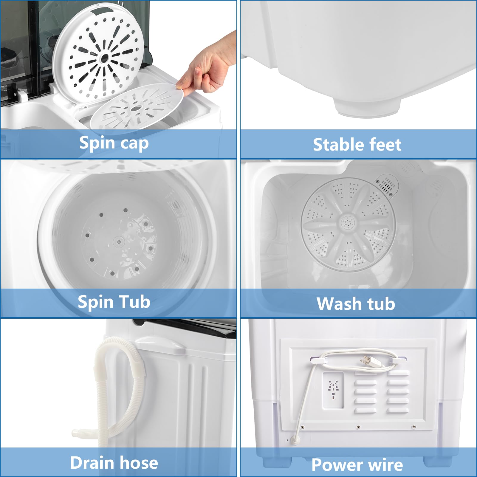 Winado 20LBS Portable Washing Machine, Compact Mini Washer Machine & Dryer Combo, Built-in Gravity Drain, Small Twin Tub Washer with Spin Cycle for Laundry Room, Apartments, Dorms, RV's (Black)