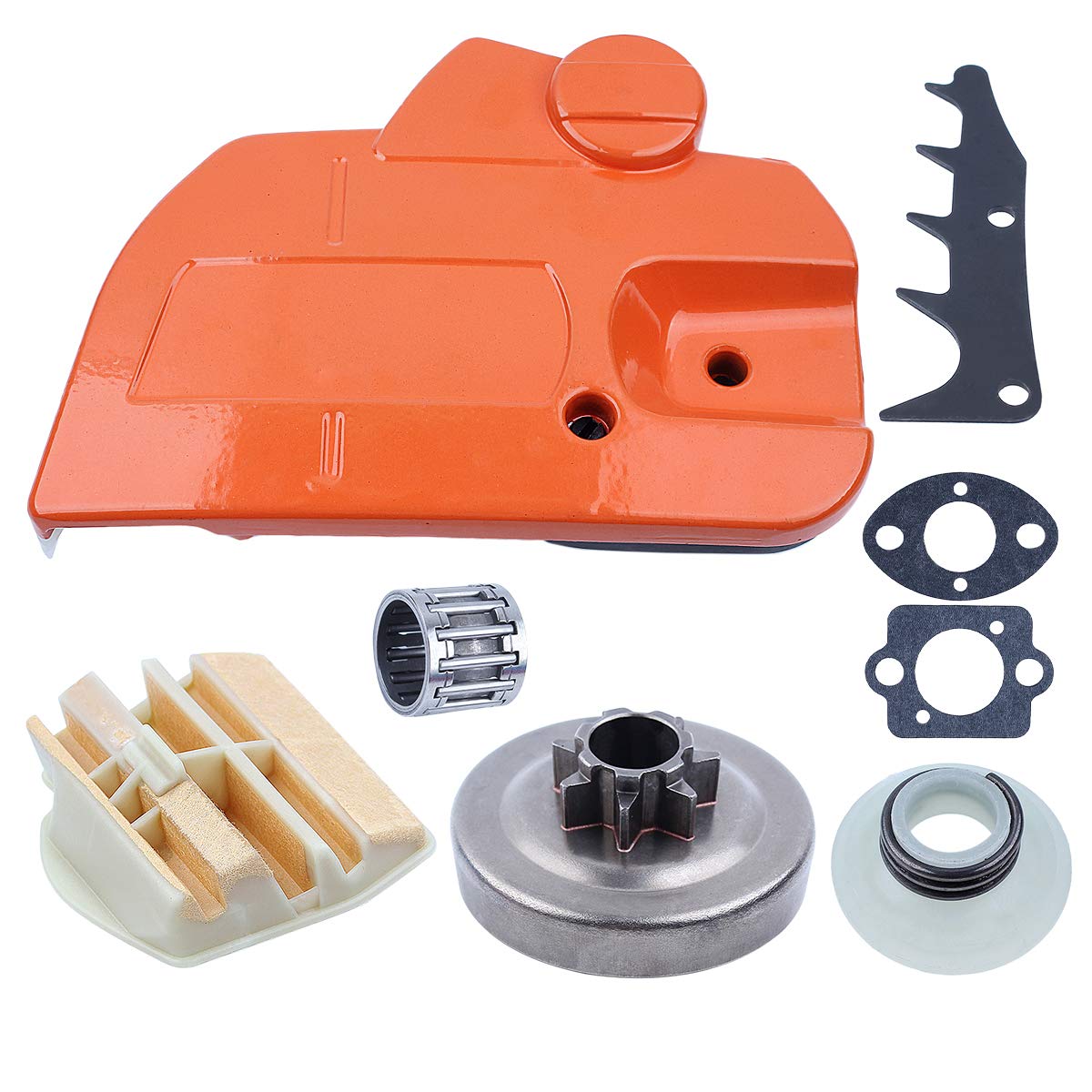 Adefol Chainsaw Brake Clutch Cover 8pcs Kit for Husqvarna 445 450 with .325" 7T Clutch Drum, Worm Gear, Air Filter, Needle Bearing, Felling Dog, Gasket Replacement Parts for 544097902 (8 Pack)
