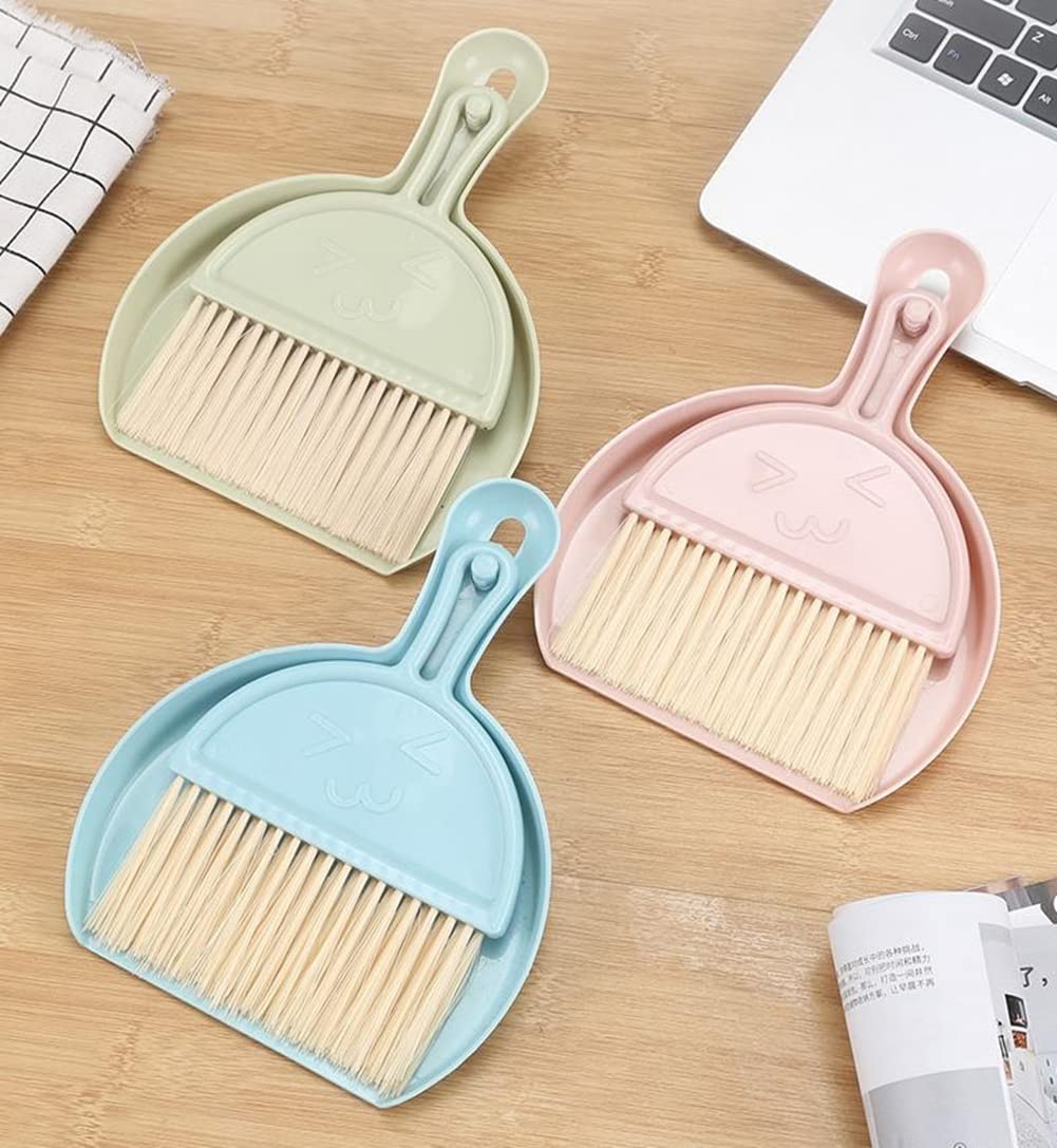 Small Broom and Dustpan Set for Home, Mini Clean Brush with Dust Pans Cute Hand Broom Brush Dust Pan with Hanger Hole, Small Cleaning Brush Set for Desktop Computer Table Keyboard (3PCS)