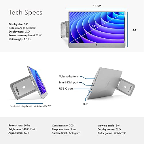 SideTrak Swivel 14” Patented Attachable Portable Monitor for Laptop | FHD TFT Laptop Dual Screen | Mac, PC & Chrome Compatible | Fits All Laptops | Powered by USB-C or Mini HDMI (Light Silver)