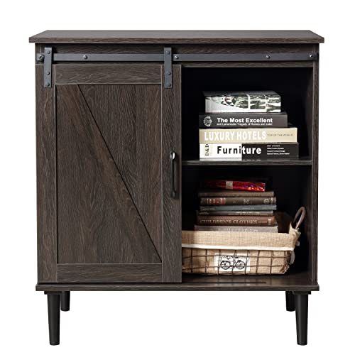 Finnhomy Farmhouse Sideboard Buffet Cabinet with Sliding Barn Door, Kitchen Storage Cabinet, Coffee Bar Cabinet, Accent Cabinet, 31.5X 15.75 x 34.65Inch, Dark Gray