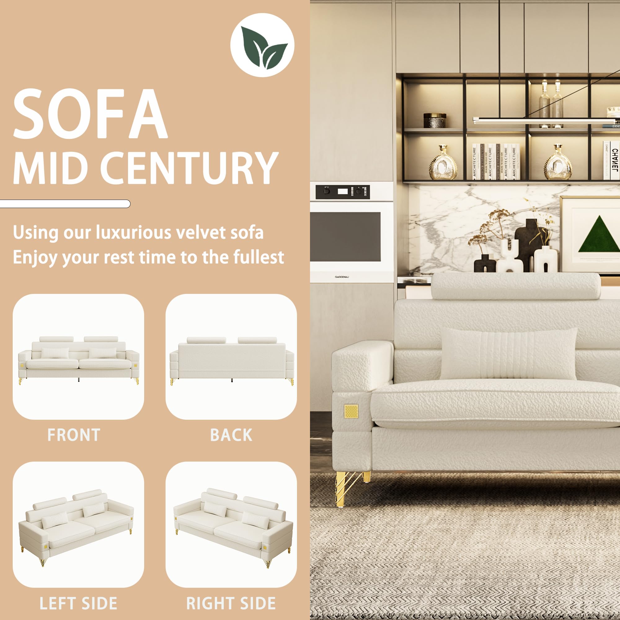 85 in 3-Seat Couch Velvet Couch, Mid Century Modern Couch Love Seats with Solid Wood Frame & 2 Same Color Pillows & Gold Couch Legs, Velvet Sofa Comfy Couch for Large Living Room Space(P17-White)