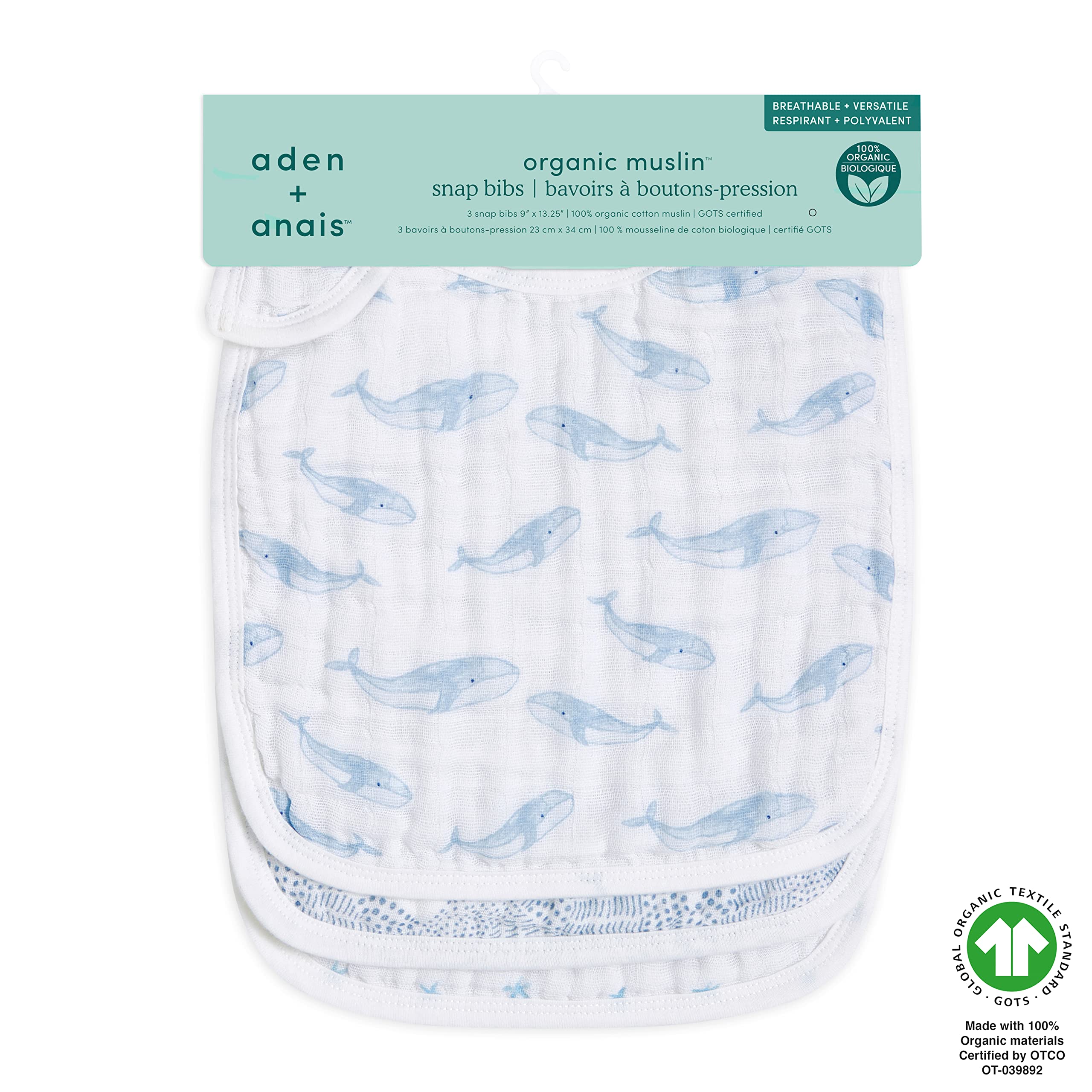 aden + anais 100% Cotton Muslin Snap Bib โ Super Absorbent, Soft 3-Layer Baby Bib for Boys & Girls with Adjustable Snap-Closure for Teething, Eating, Drooling, 3-Pack, Oceanic