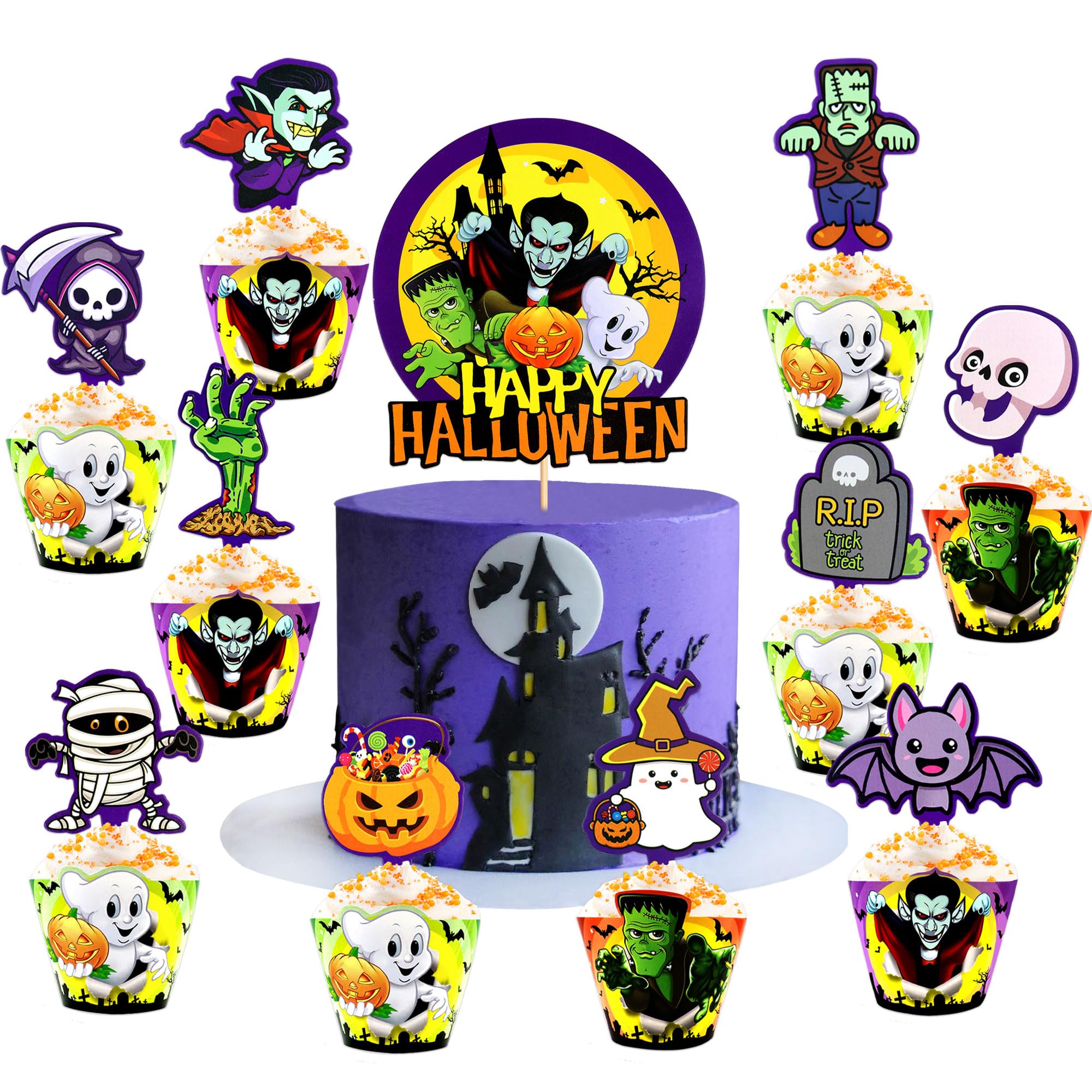 80 Pcs Halloween Cupcake Toppers Cupcake Liners Pumpkin 40 Pcs Cupcake Wrapper and 40 Pcs Cupcake Toppers muffin Case Trays for Halloween, Birthday, Decoration Party Supply (bite me)