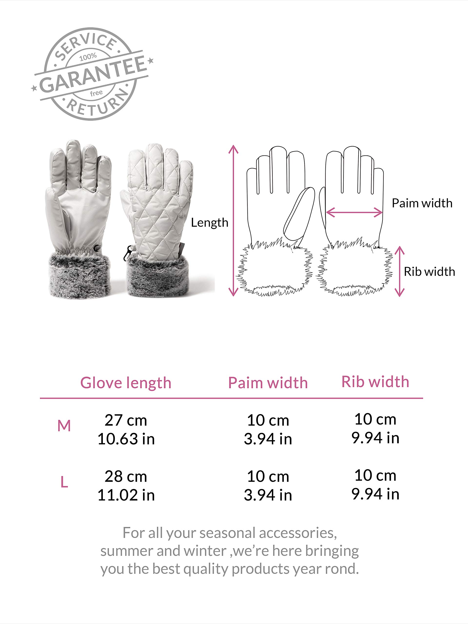 accsa Women Winter Ski Glove Waterproof 3M Thinsulate Warm Windproof Off-White L