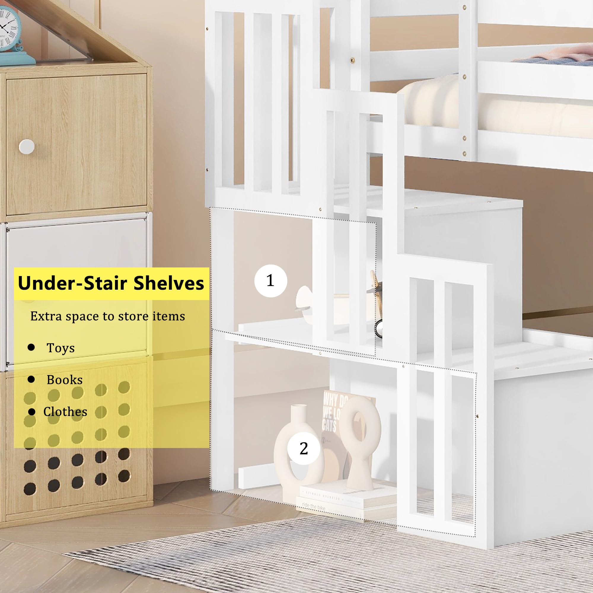 Bellemave Low Loft Bed for Kids,Twin Size Loft Bed with Slide and Storage Staircase,Wood Loft Bed Frame for Boys Girls Teens(White)