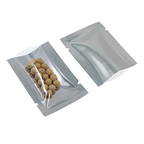 Silver Aluminum Foil Pouch Heat Seal Front Window Plastic Mini Open Top Flat Vacuum Packaging Mylar Bag Food Small Sample Mylar Storage with Tear Notch (200, 1.9x2.7 inch)